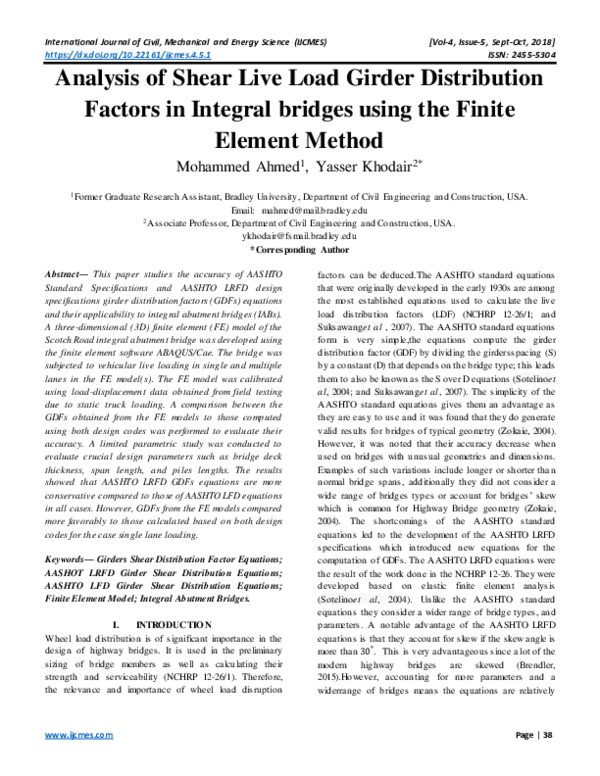 (PDF) Analysis of Shear Live Load Girder Distribution Factors in Integral bridges using the ...