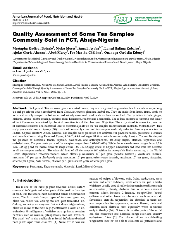 (PDF) Quality Assessment of Some Tea Samples Commonly Sold in FCT ...