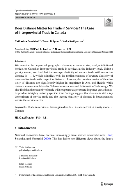 (PDF) Does Distance Matter for Trade in Services? The Case of Interprovincial Trade in Canada