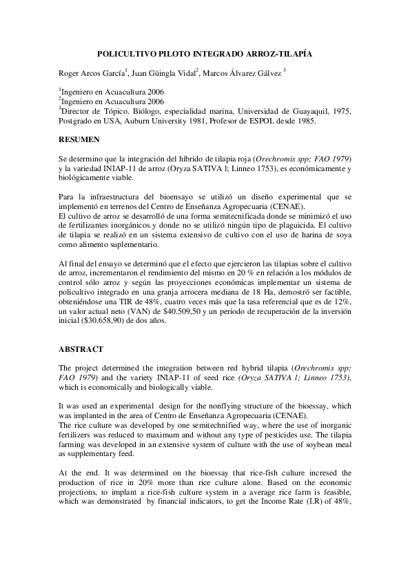 (PDF) Policultivo Piloto Integrado Arroz-Tilapia