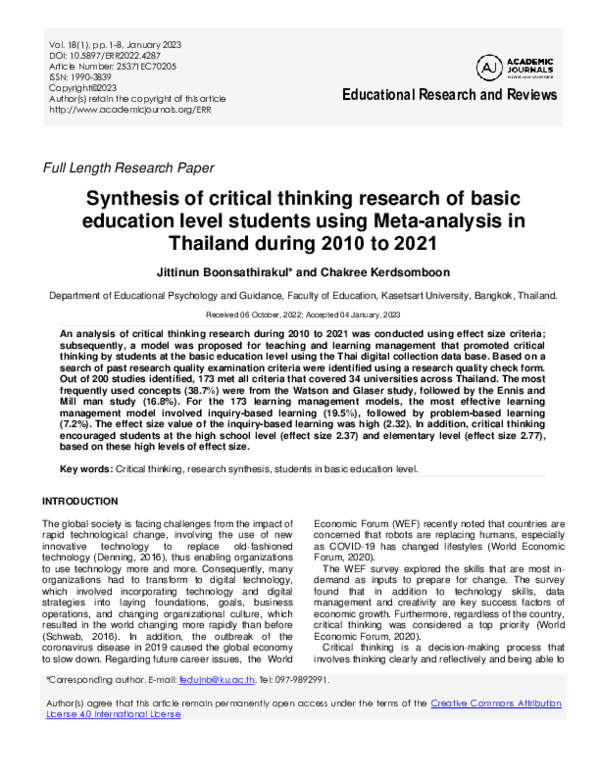 (PDF) Synthesis of critical thinking research of basic education level ...