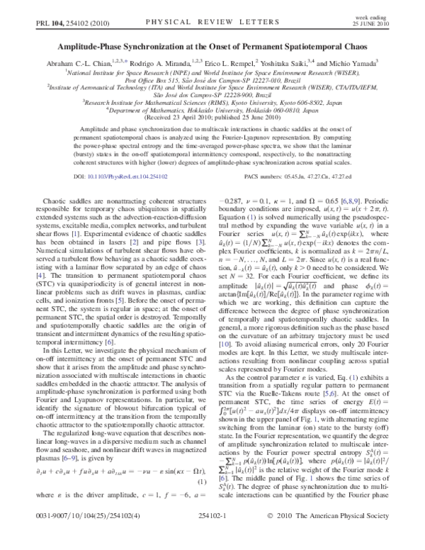 (PDF) Amplitude-Phase Synchronization at the Onset of Permanent Spatiotemporal Chaos