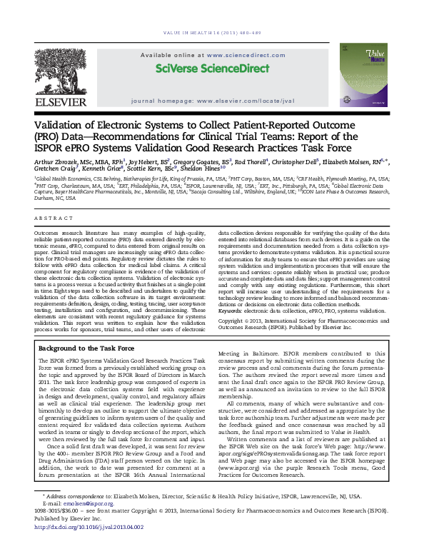 (PDF) Validation of Electronic Systems to Collect Patient-Reported Outcome (PRO) Data ...