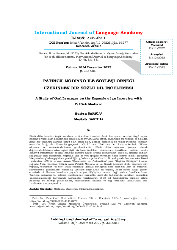 (PDF) Patrick Modiano İle Söyleşi̇ Örneği̇ Üzeri̇nden Bi̇r Sözlü Di̇l İncelemesi̇