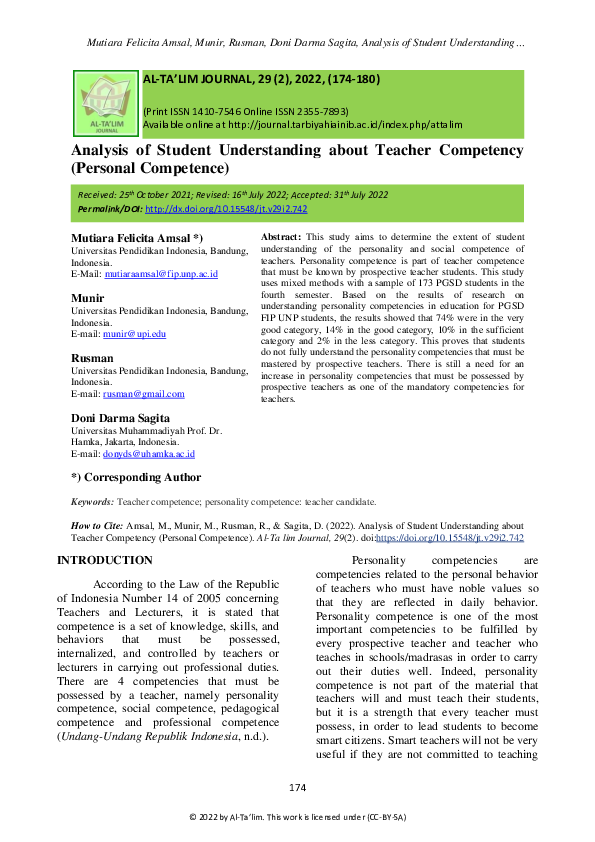 (PDF) Analysis of Student Understanding about Teacher Competency (Personal Competence)