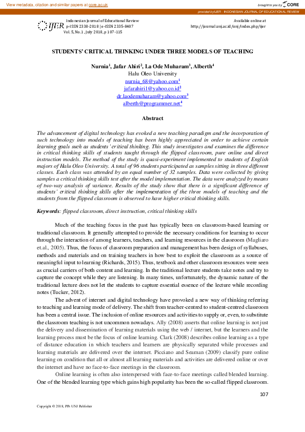 (PDF) Students' Critical Thinking Under Three Models of Teaching