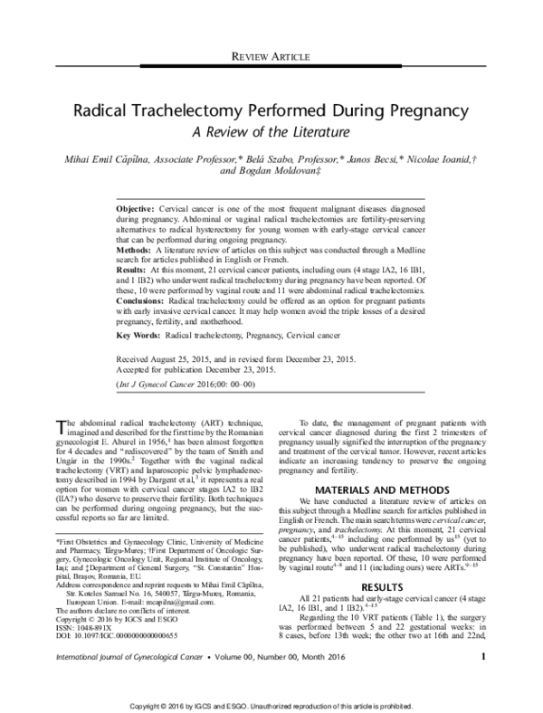 (PDF) Radical Trachelectomy Performed During Pregnancy: A Review of the ...