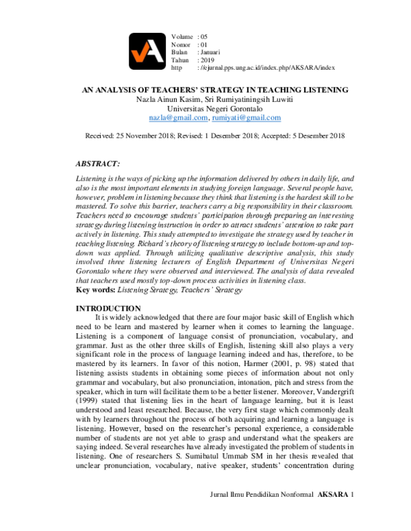 (PDF) An Analysis of Teachers’ Strategy in Teaching Listening
