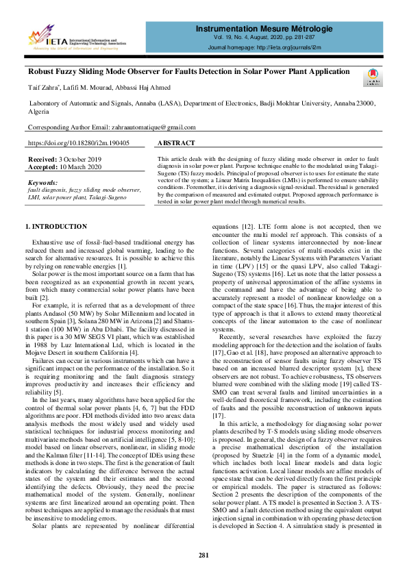 Pdf Robust Fuzzy Sliding Mode Observer For Faults Detection In Solar Power Plant Application