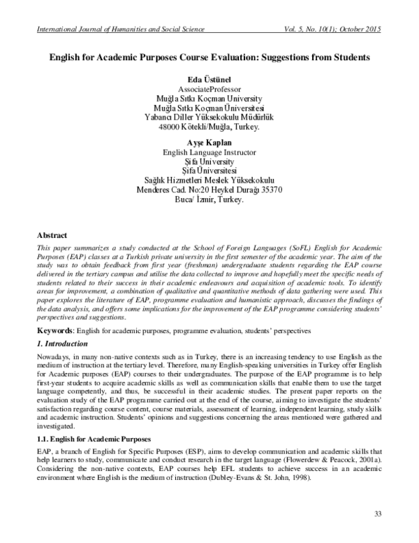 (PDF) English for Academic Purposes Course Evaluation : Suggestions ...