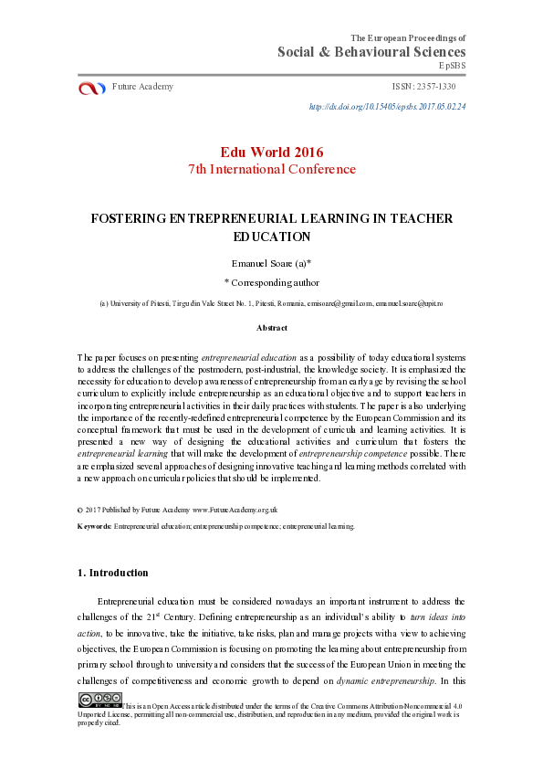 (PDF) Fostering Entrepreneurial Learning in Teacher Education