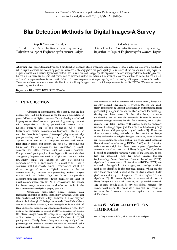 (PDF) Blur Detection Methods for Digital Images-A Survey
