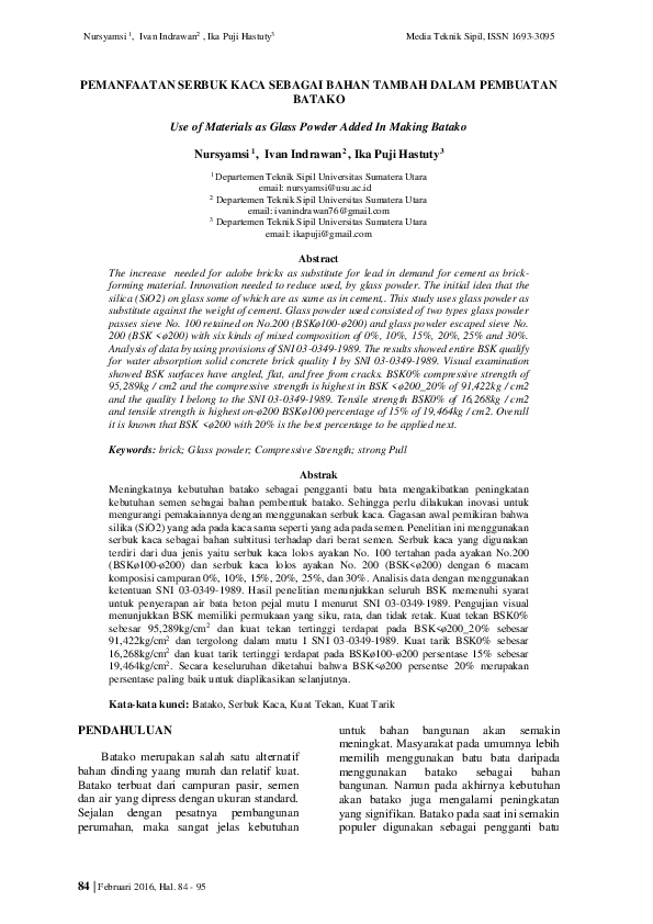 (PDF) Pemanfaatan Serbuk Kaca sebagai Bahan Tambah dalam Pembuatan Batako