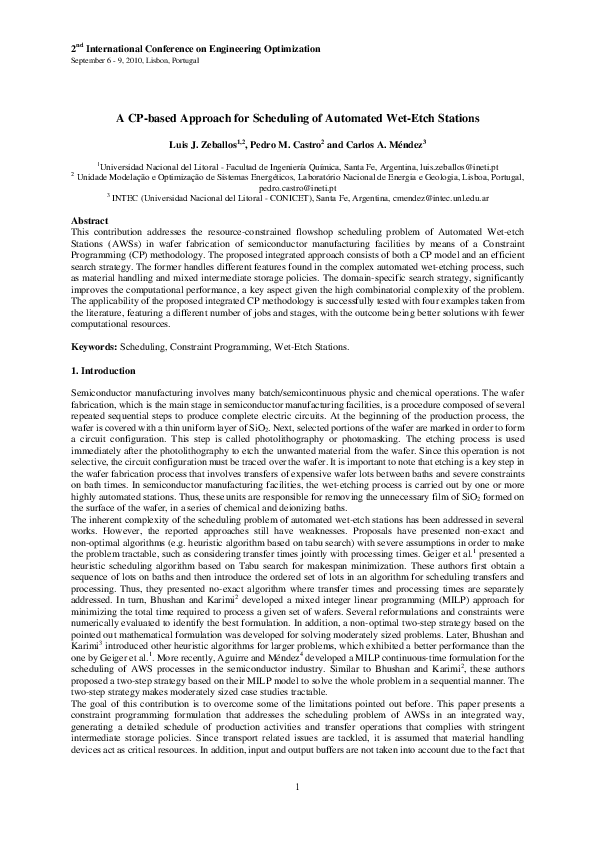 Pdf A Cp Based Approach For Scheduling Of Automated Wet Etch Stations