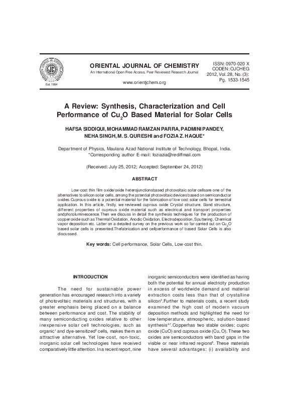 Pdf A Review Synthesis Characterization And Cell Performance Of Cu2o Based Material For