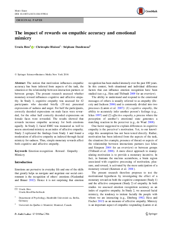 (PDF) The impact of rewards on empathic accuracy and emotional mimicry