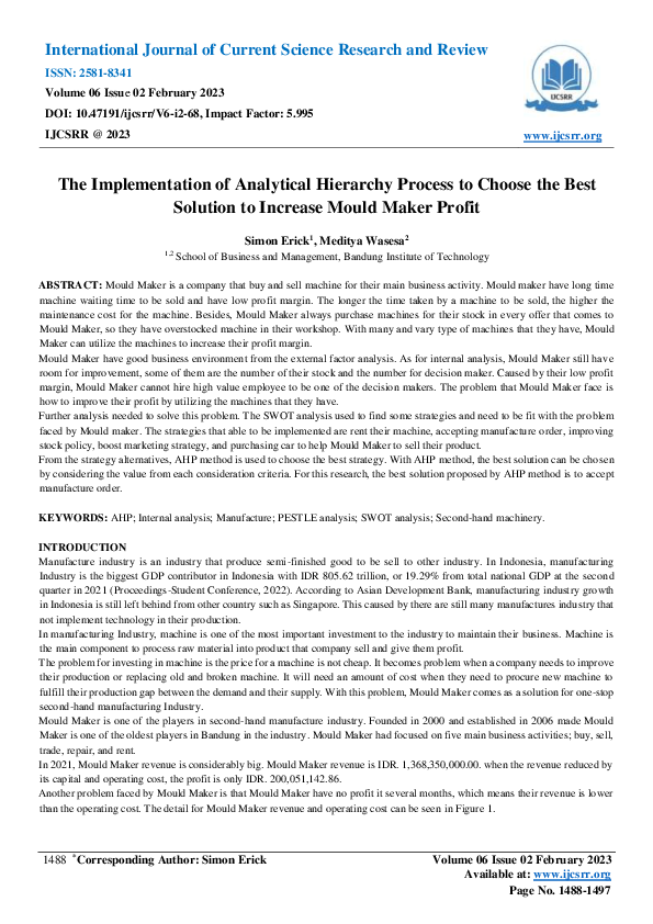 (PDF) The Implementation of Analytical Hierarchy Process to Choose the Best Solution to Increase ...