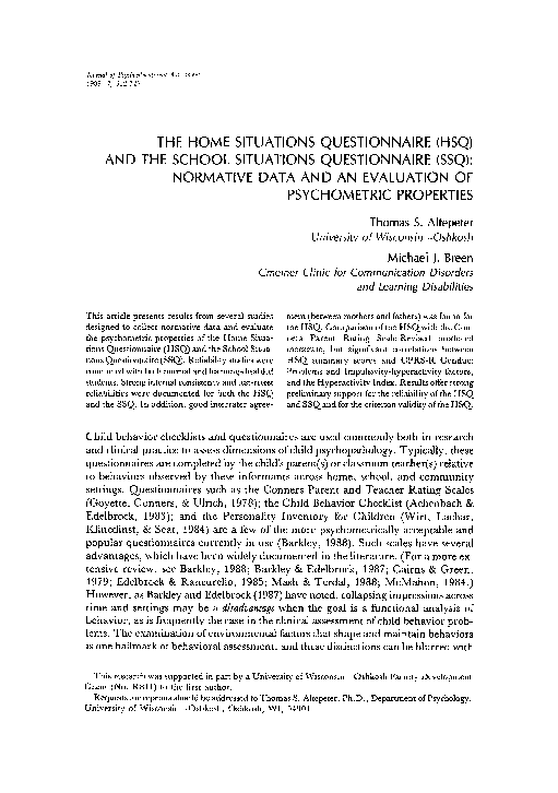 (PDF) The Home Situations Questionnaire (HSQ) and the School Situations ...