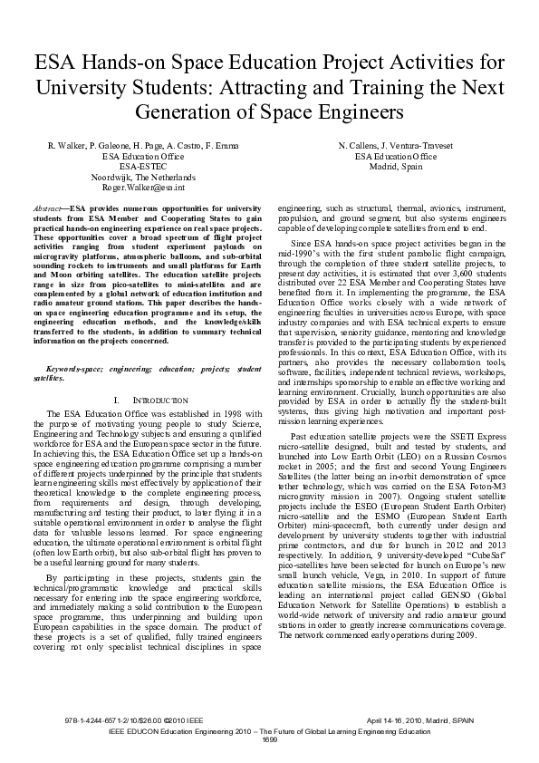 (PDF) ESA hands-on space education project activities for university ...