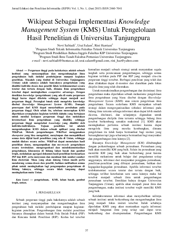 (PDF) Pengembangan Knowledge Management System (KMS) Untuk Pengelolaan Hasil Penelitian Di ...