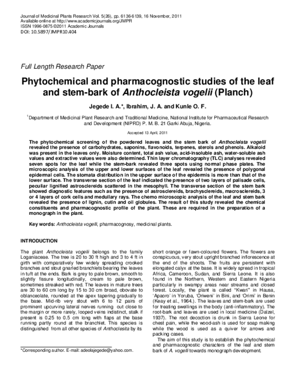 (PDF) Phytochemical and pharmacognostic studies of the leaf and stem-bark of Anthocleista ...