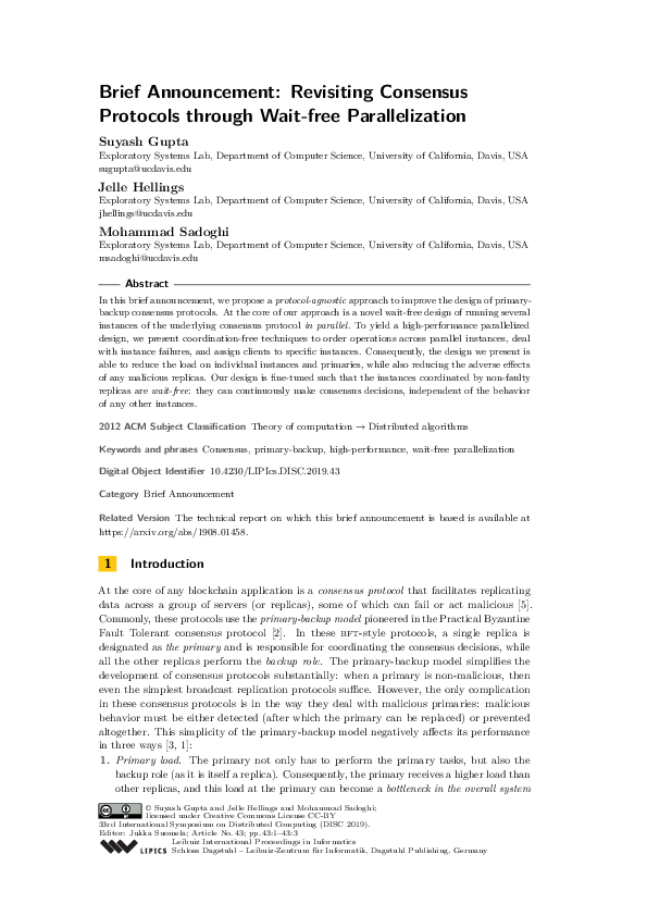 (PDF) Brief Announcement: Revisiting Consensus Protocols through Wait-Free Parallelization