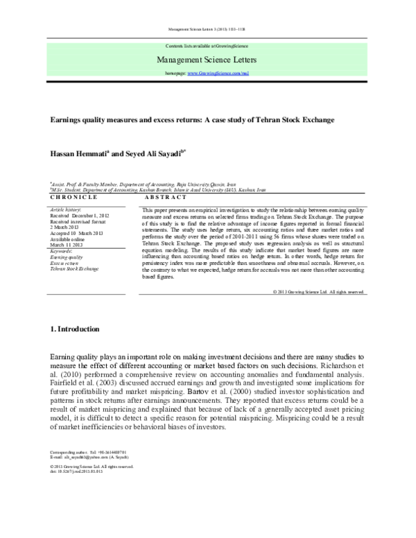 (PDF) Earnings quality measures and excess returns: A case study of ...