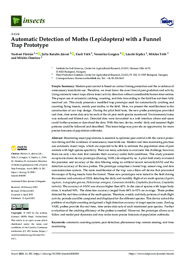 (PDF) Automatic Detection of Moths (Lepidoptera) with a Funnel Trap Prototype