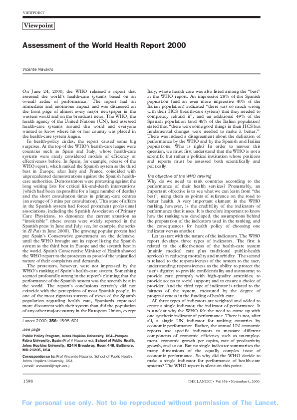 (PDF) Assessment of the World Health Report 2000