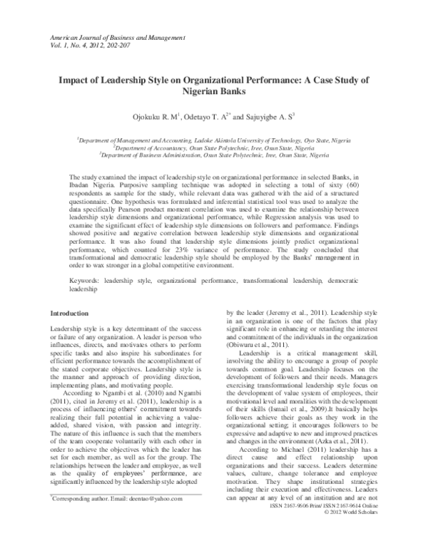 (PDF) Impact of Leadership Style on Organizational Performance: A Case ...