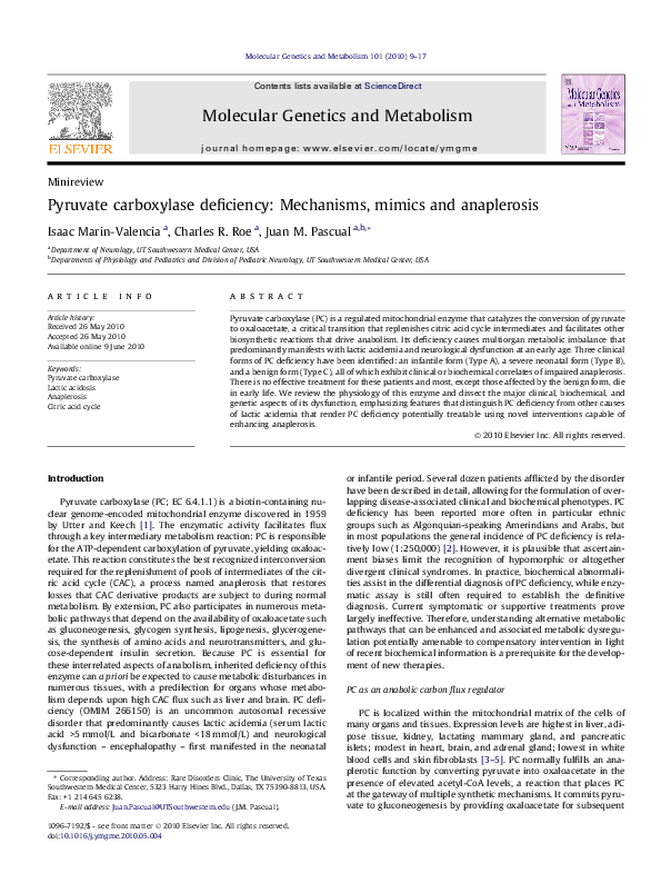 (PDF) Pyruvate carboxylase deficiency: Mechanisms, mimics and anaplerosis