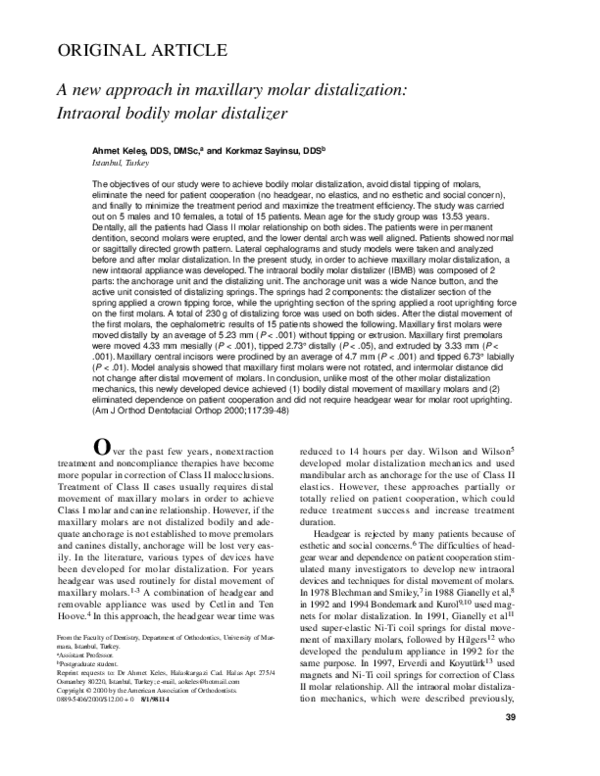 Pdf A New Approach In Maxillary Molar Distalization Intraoral Bodily