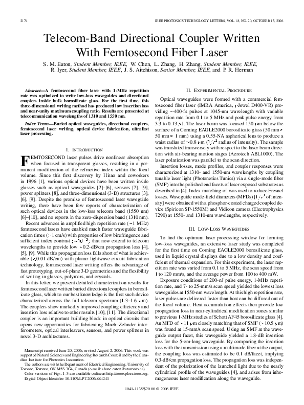 (PDF) Telecom-Band Directional Coupler Written With Femtosecond Fiber Laser