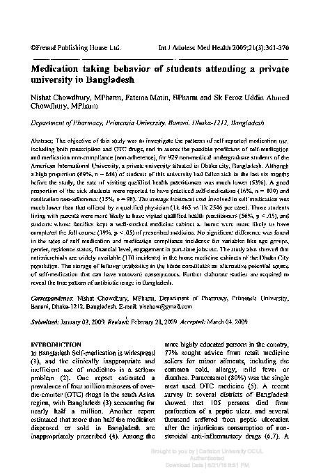 (PDF) Medication taking behavior of students attending a private ...
