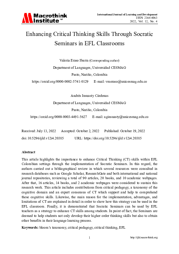 (PDF) Enhancing Critical Thinking Skills Through Socratic Seminars in ...