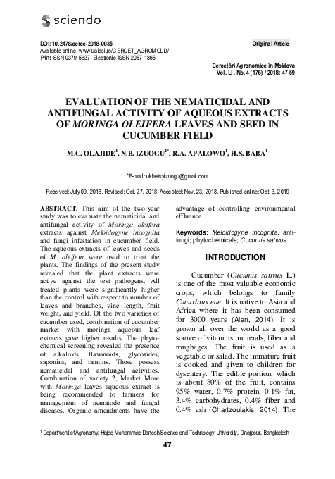(PDF) Evaluation of the Nematicidal and Antifungal Activity of Aqueous Extracts of Moringa ...