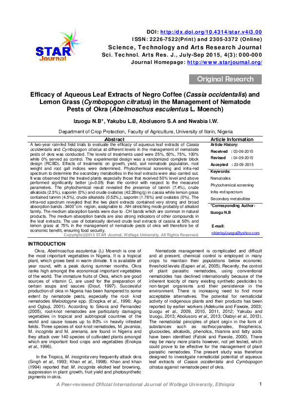 (PDF) Efficacy of aqueous leaf extracts of negro coffee (Cassia occidentalis) and lemon grass ...