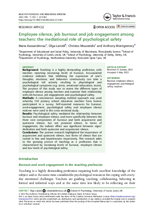 (PDF) Employee silence, job burnout and job engagement among teachers ...