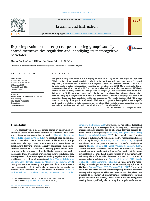 (PDF) Exploring evolutions in reciprocal peer tutoring groups' socially ...
