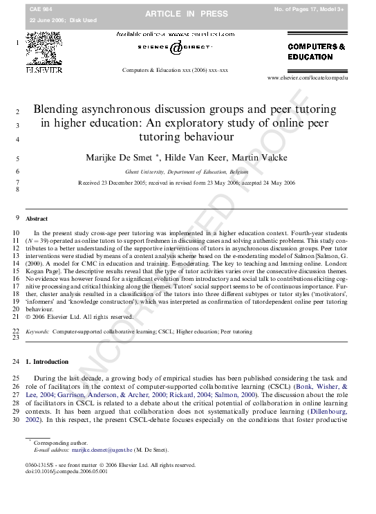 (PDF) Blending asynchronous discussion groups and peer tutoring in higher education: An ...