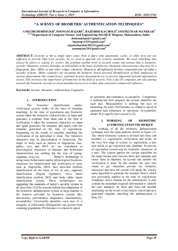 (PDF) “A Survey of Biometric Authentication Techniques”
