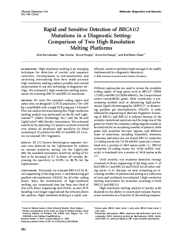 (PDF) Rapid and Sensitive Detection of BRCA1/2 Mutations in a Diagnostic Setting: Comparison of ...