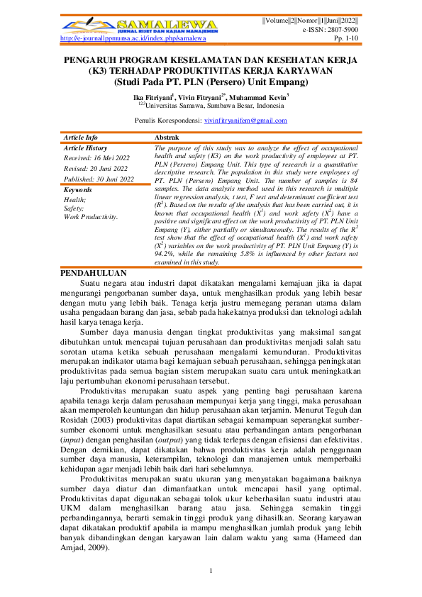 (PDF) PENGARUH PROGRAM KESELAMATAN DAN KESEHATAN KERJA (K3) TERHADAP PRODUKTIVITAS KERJA ...