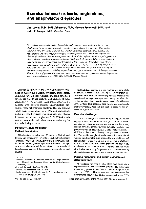 (PDF) Exercise-induced urticaria, angioedema, and anaphylactoid episodes