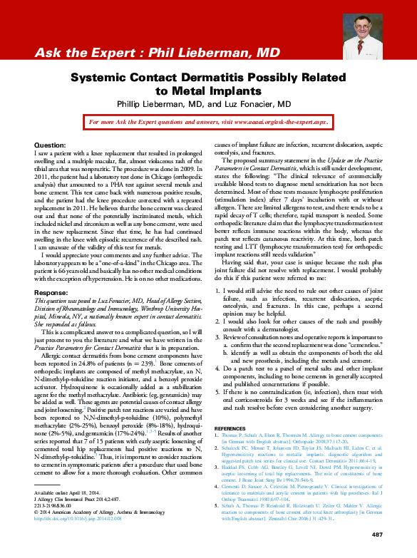 (PDF) Systemic Contact Dermatitis Possibly Related to Metal Implants