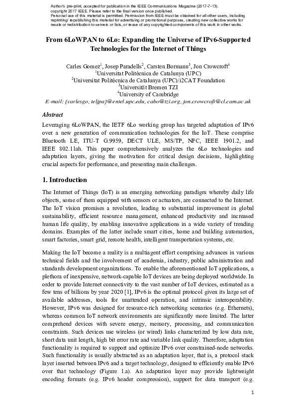(PDF) From 6LoWPAN to 6Lo: Expanding the Universe of IPv6-Supported ...