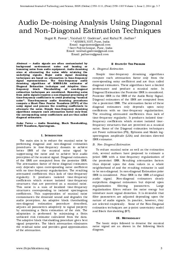 (PDF) Audio De-noising Analysis Using Diagonal and Non-Diagonal Estimation Techniques