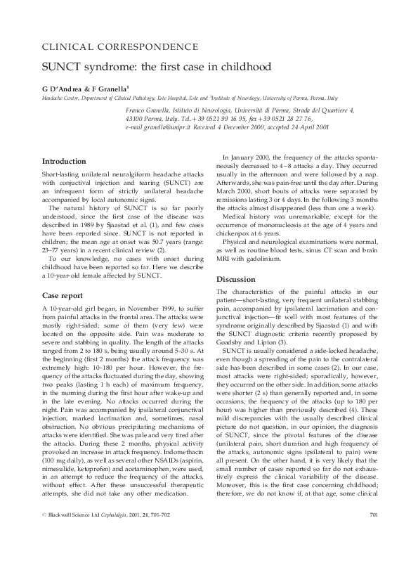 (PDF) SUNCT Syndrome: The First Case in Childhood