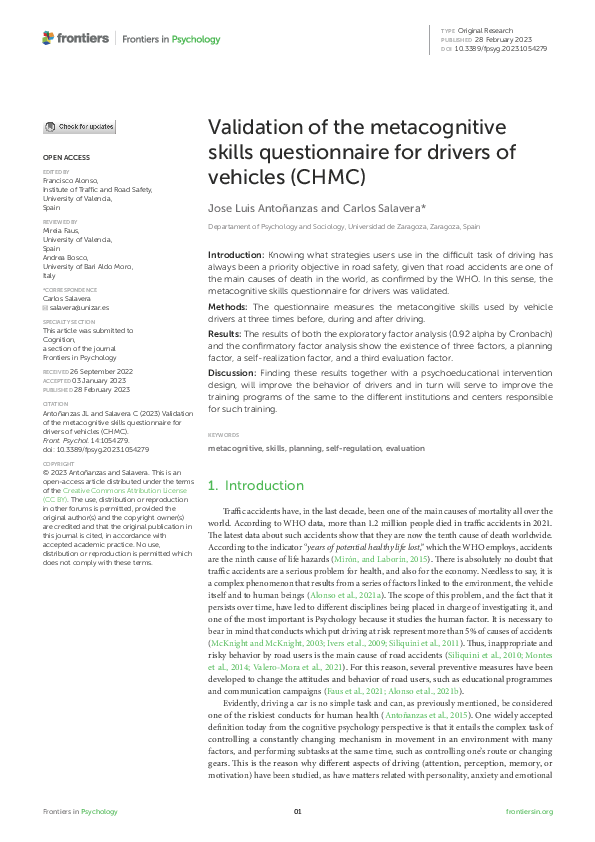 Pdf Validation Of The Metacognitive Skills Questionnaire For Drivers Of Vehicles Chmc