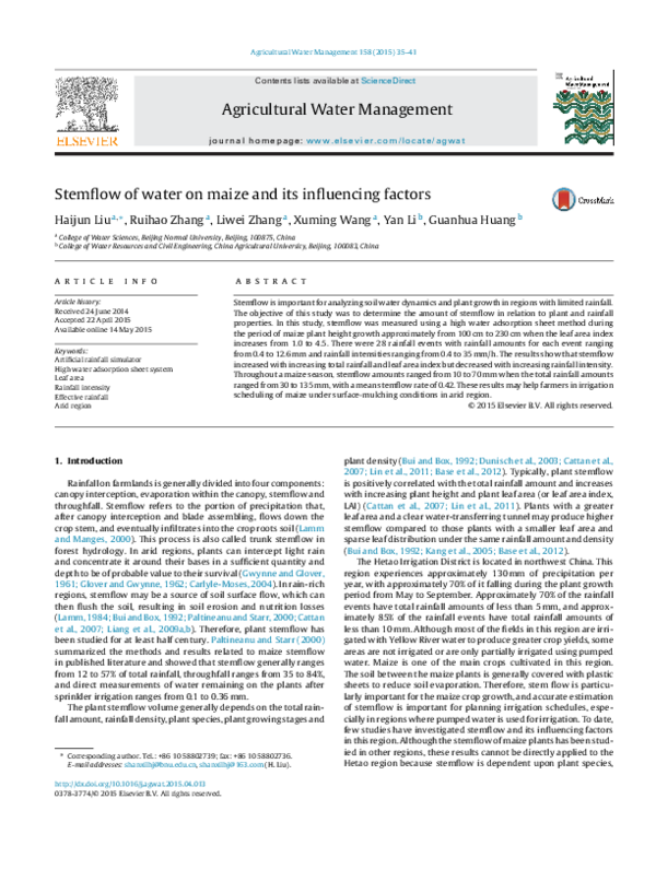 (PDF) Stemflow of water on maize and its influencing factors